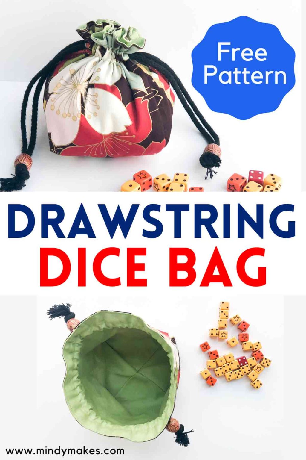How to Make a Flat, Square Bottom Drawstring Dice Bag (Free Pattern) - MindyMakes