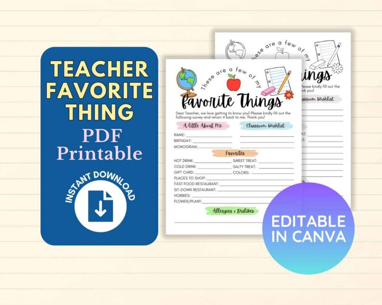 FREE! Printable Teacher Favorite Things - MindyMakes
