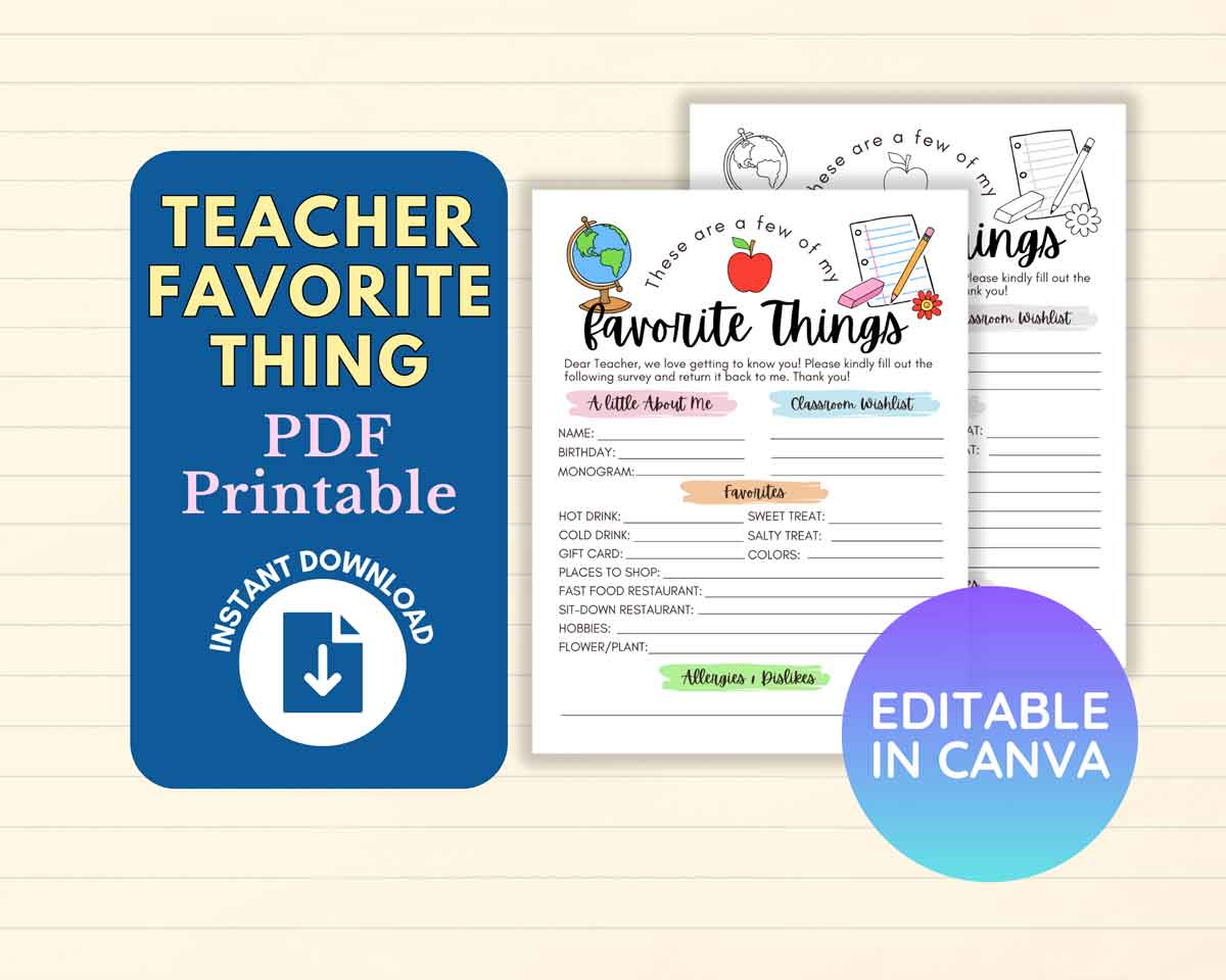 FREE! Printable Teacher Favorite Things - MindyMakes