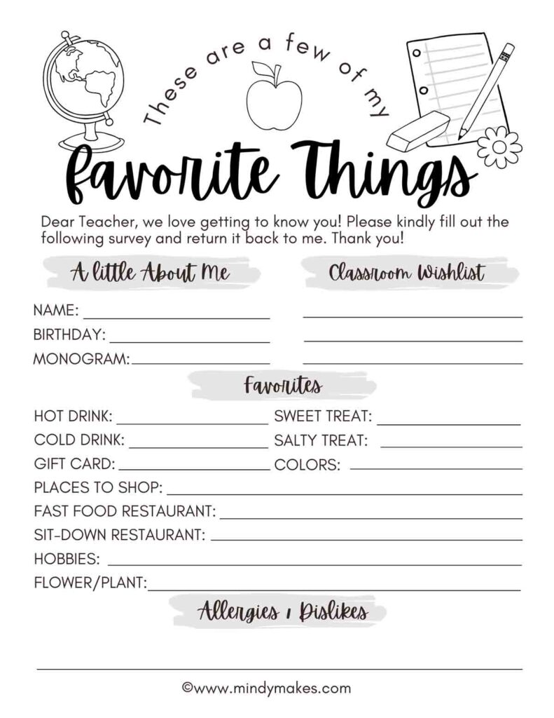 FREE! Printable Teacher Favorite Things - MindyMakes
