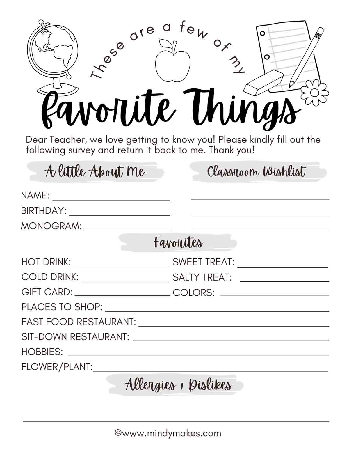 FREE! Printable Teacher Favorite Things - MindyMakes