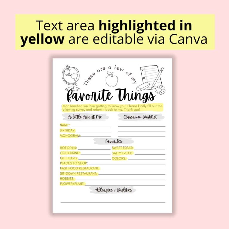 FREE! Printable Teacher Favorite Things - MindyMakes
