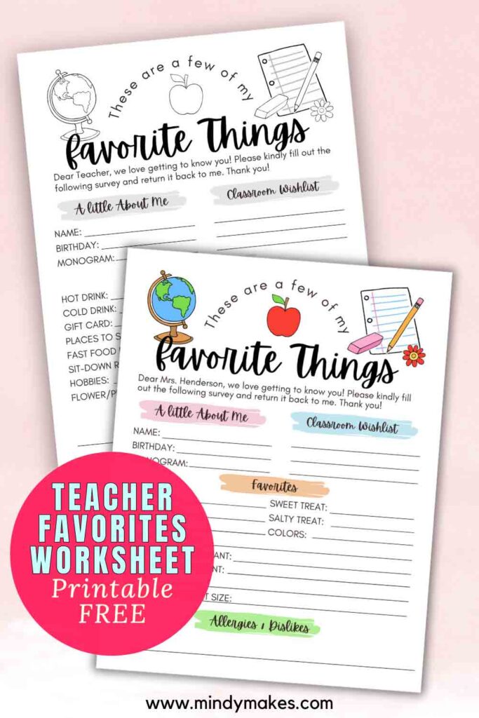 FREE! Printable Teacher Favorite Things - MindyMakes