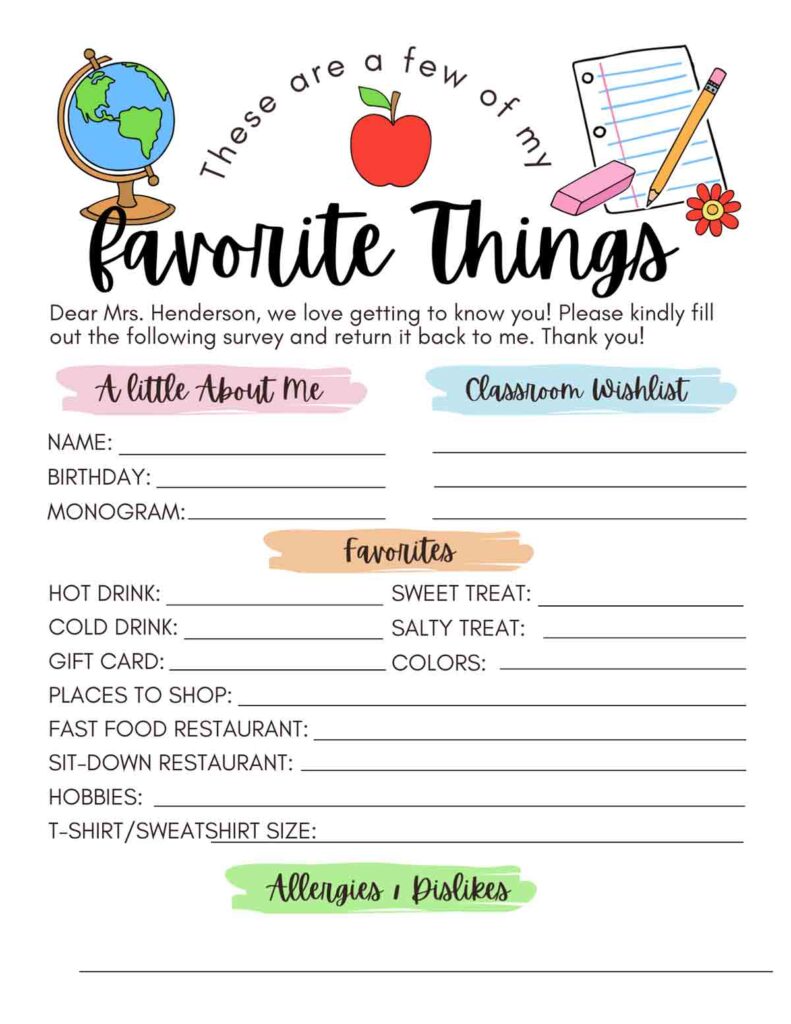 FREE! Printable Teacher Favorite Things - MindyMakes