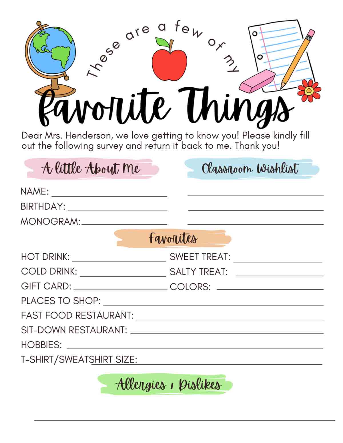 FREE! Printable Teacher Favorite Things - MindyMakes